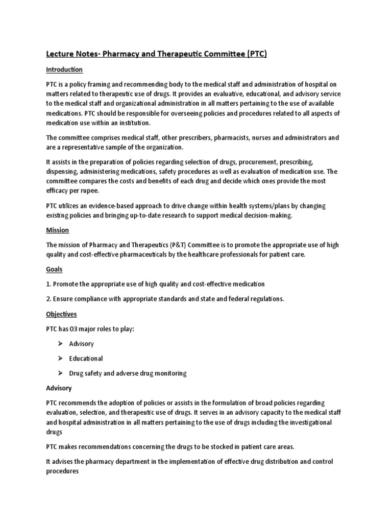Overview of Pharmacy and Therapeutic Committee | PDF | Pharmacy ...