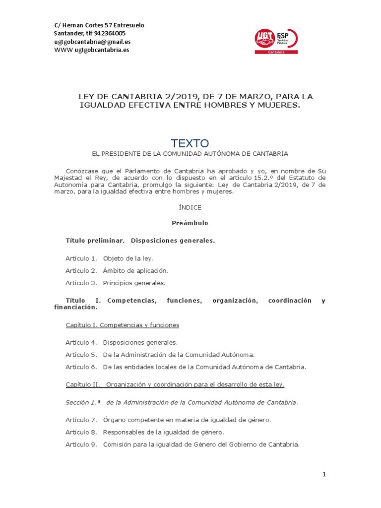 Tema 3 LEY DE CANTABRIA Igualdad para Ope | PDF | Igualdad de género | Estudios de género