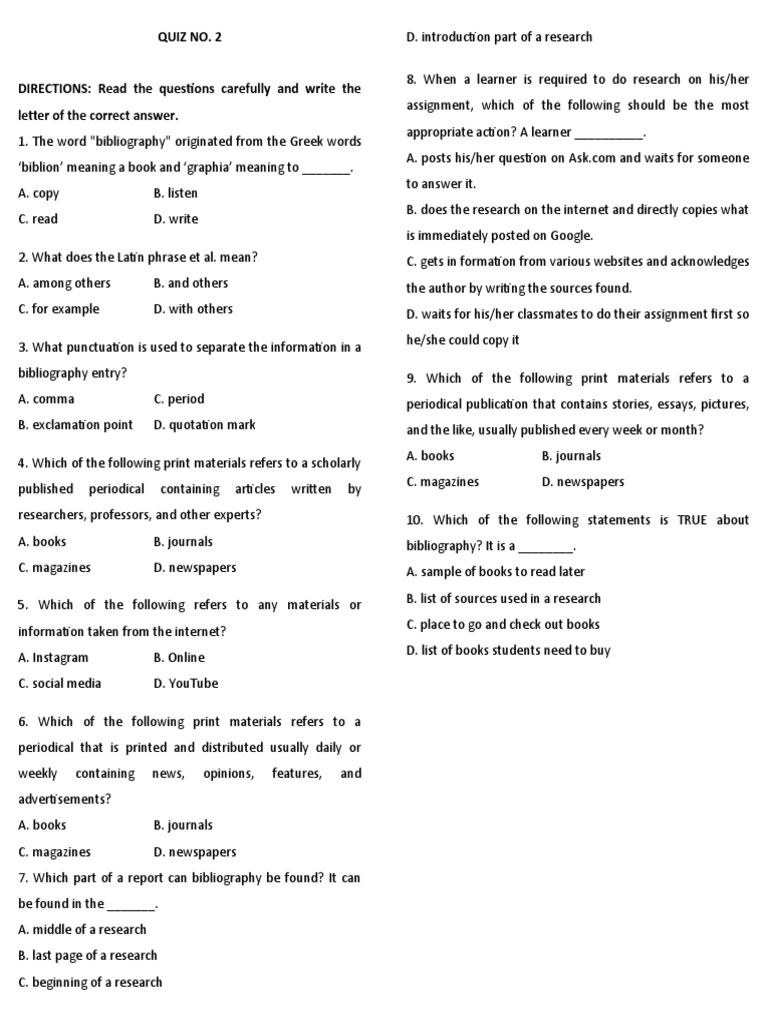 Quiz No. 2 | PDF | Books | Newspapers
