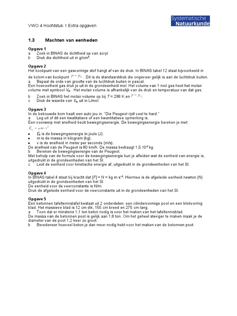 SN8 - Vwo4 - H1 - Extra Opgaven | PDF