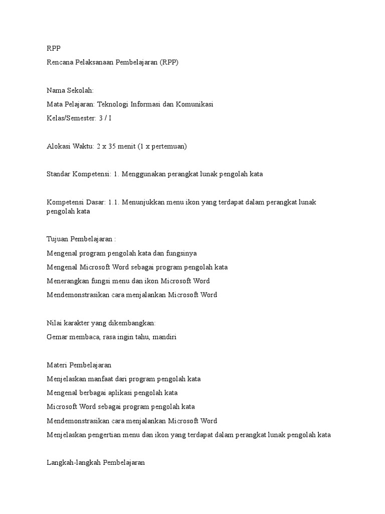 RPP TIK Kelas 3: Microsoft Word | PDF | Karier & Perkembangan | Komputer