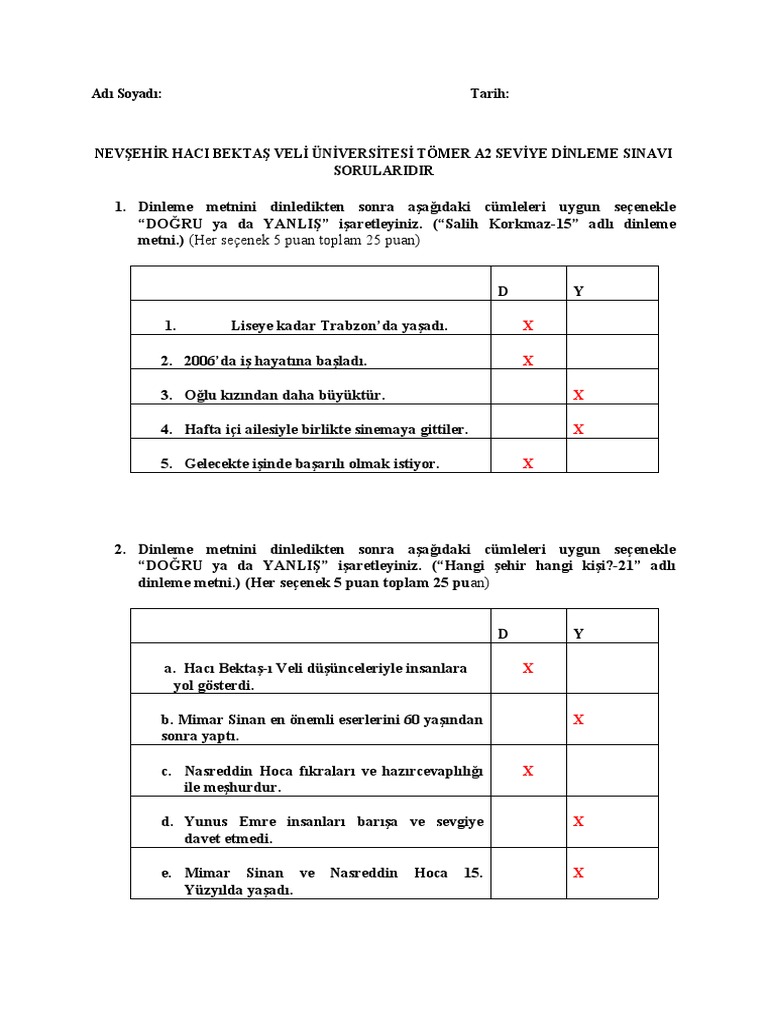 TÖMER A2 - DİNLEME SINAVI-Cevap Anahtarı | PDF