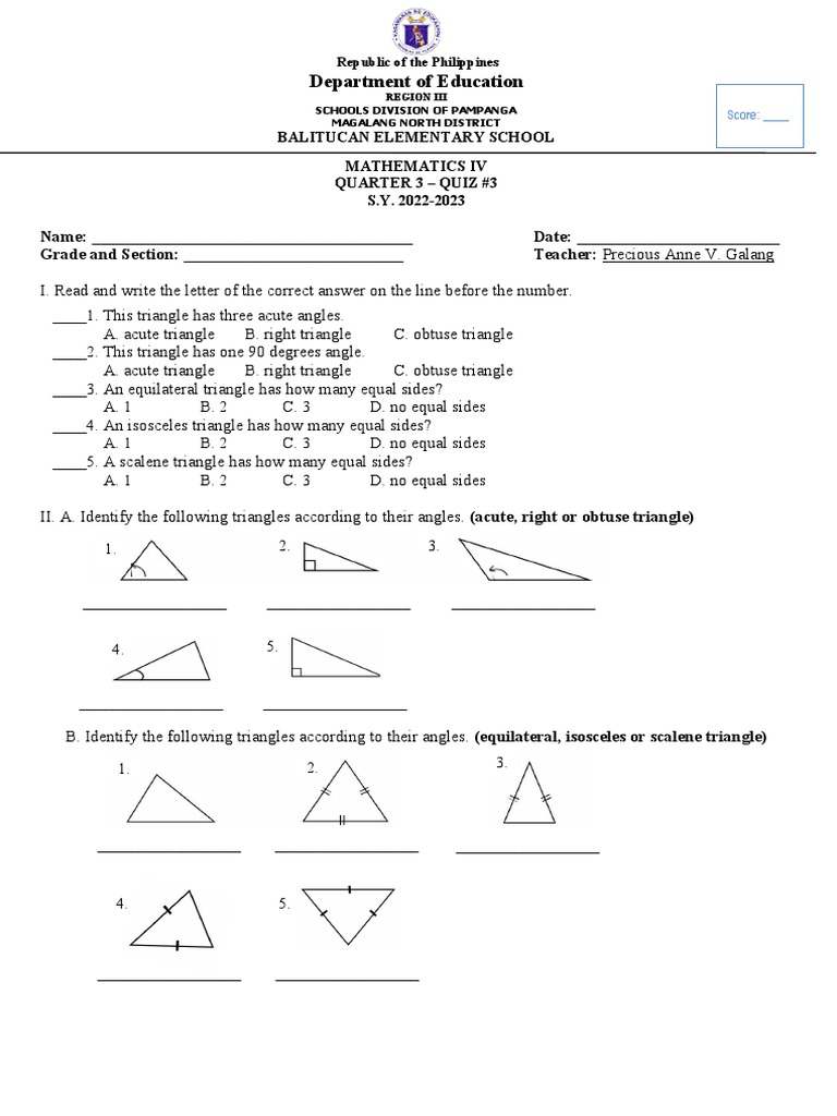 G5 Q3 Quiz3 | PDF | Triangle | Triangle Geometry