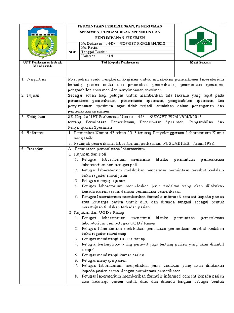 SOP1 Permintaan Pemeriksaan Penerimaan Spesimen Pengambilan Dan Penyimpanan Spesimen | PDF