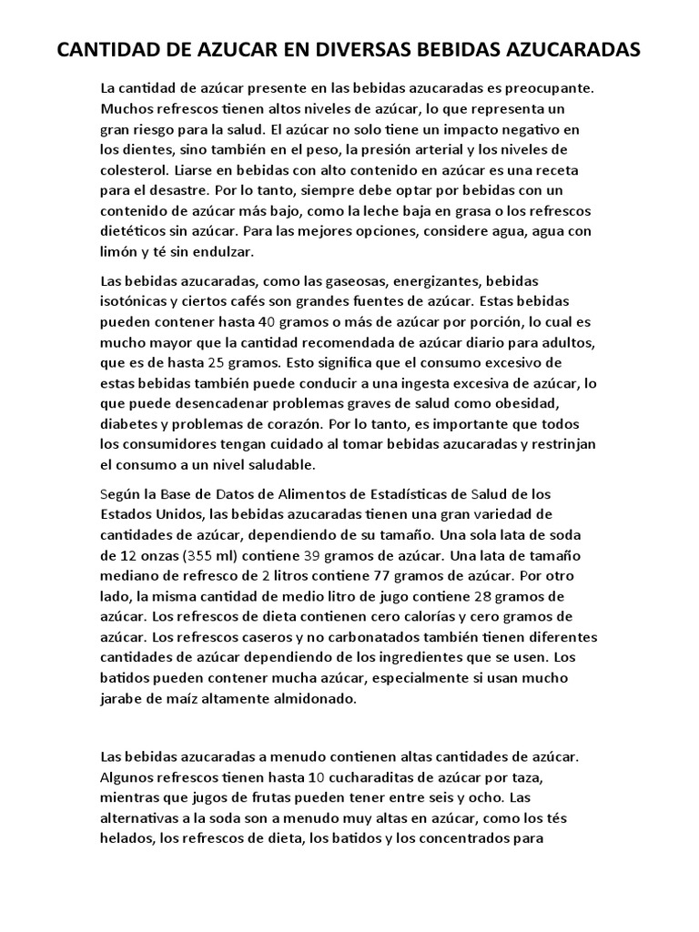 Azúcar en Bebidas Azucaradas: Cantidades Clave | PDF | Refresco | Azúcar