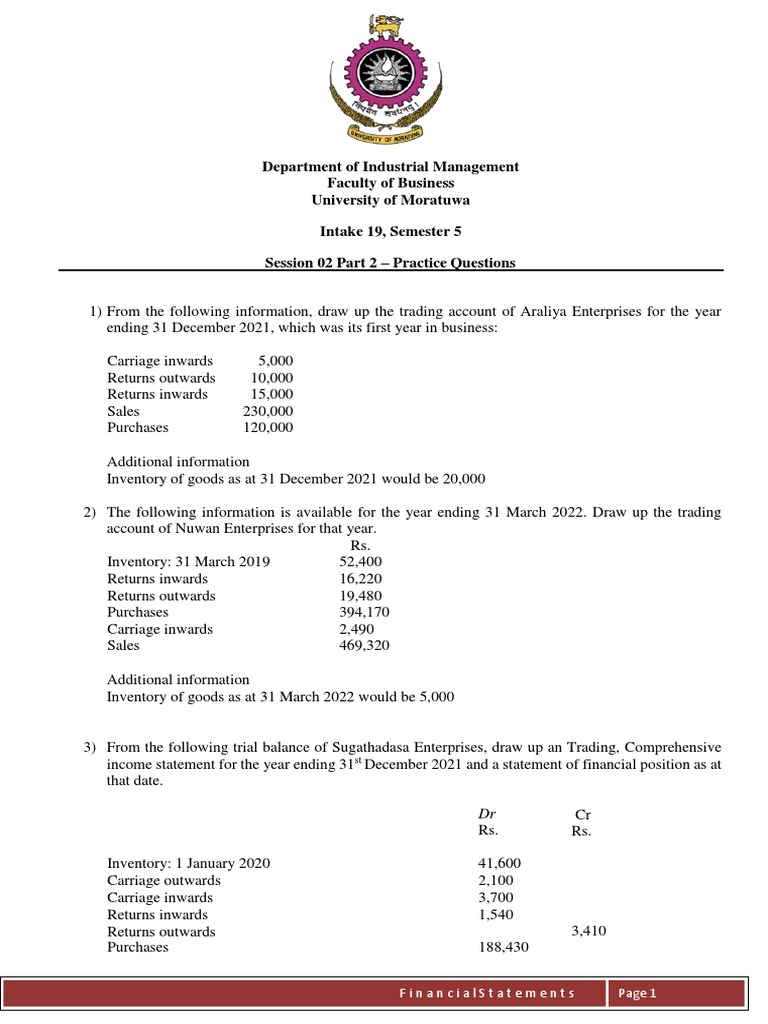 Financial Statements - Lesson 02 (Part 2) Questions | PDF | Inventory | Expense