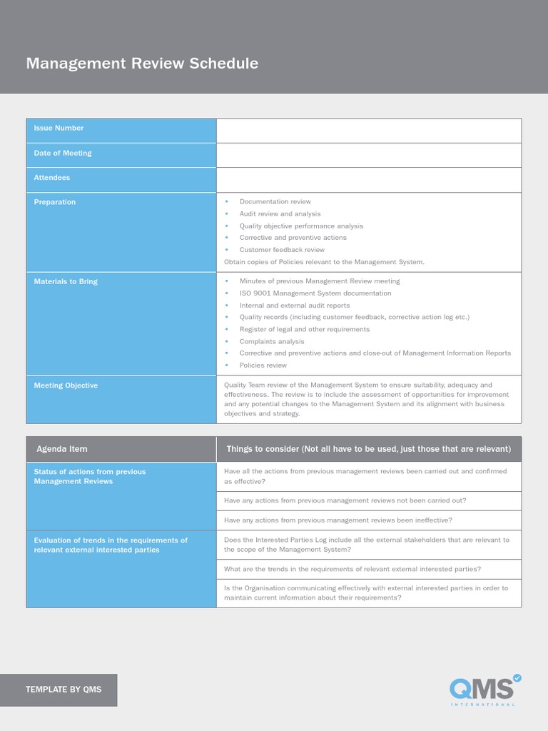 QMS Management Review Schedule Template | PDF | Risk | Audit