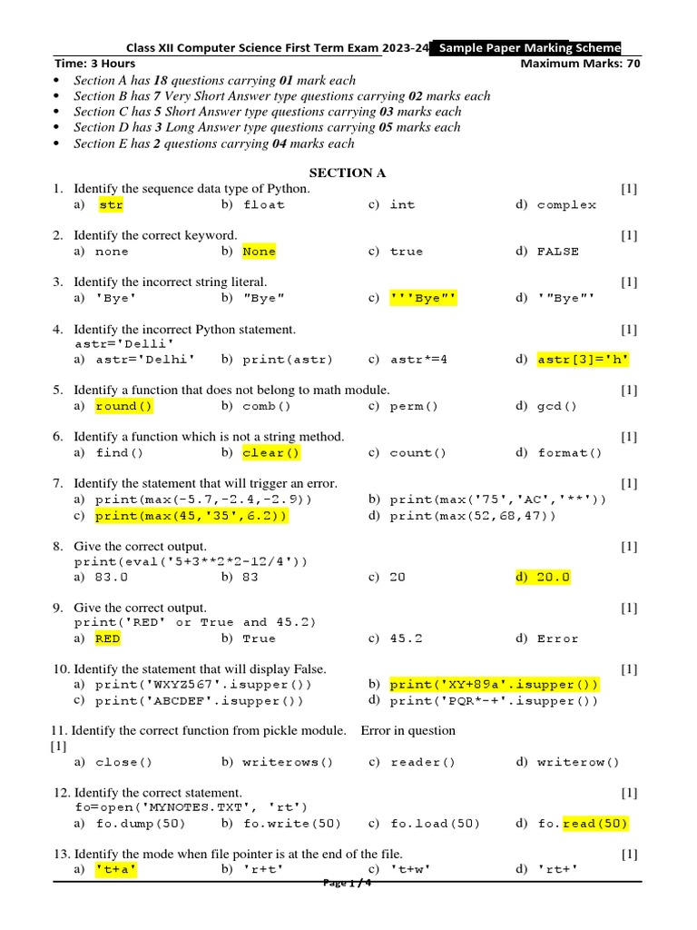 Sqp Ms Term1 Xii Pdf Text File Computer Science 