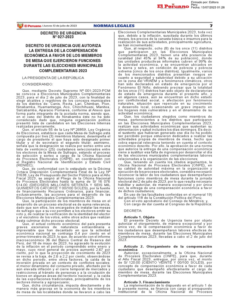 Decreto de Urgencia Que Autoriza La Entrega de La Compensaci Decreto de Urgencia N 027 2023 ...