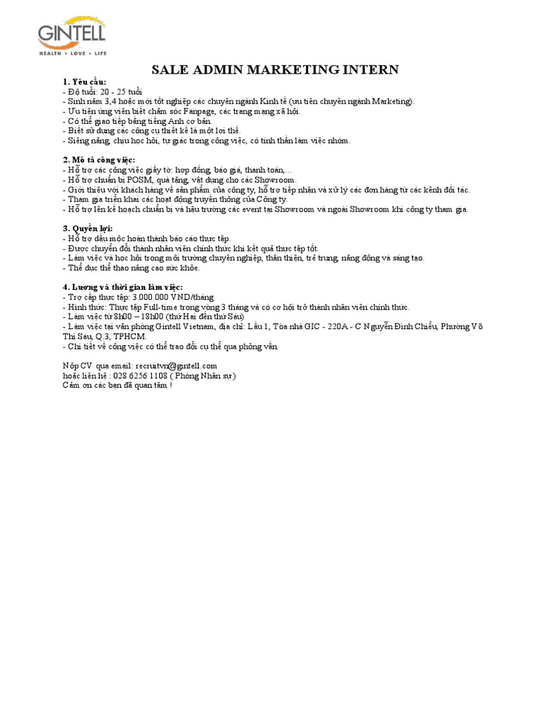 JD Sale Admin Marketing Intern | PDF