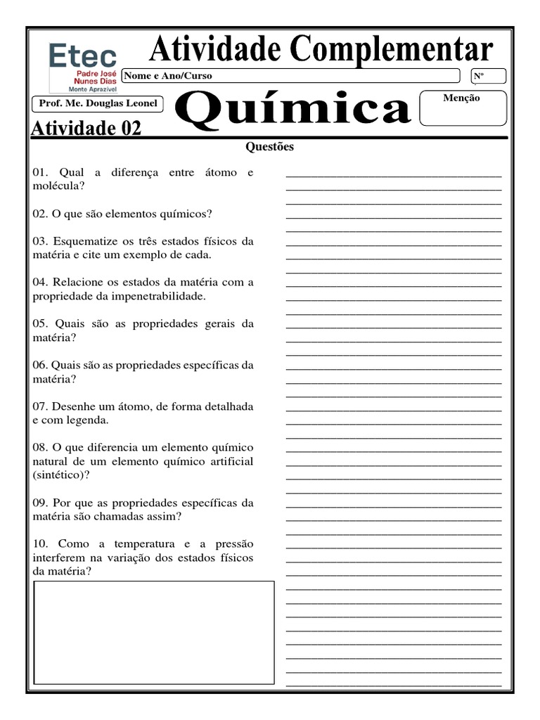 Atividade 02 - Aula 05 - 1º Ano - Propriedades Da Matéria - Química | PDF | Química | Matéria