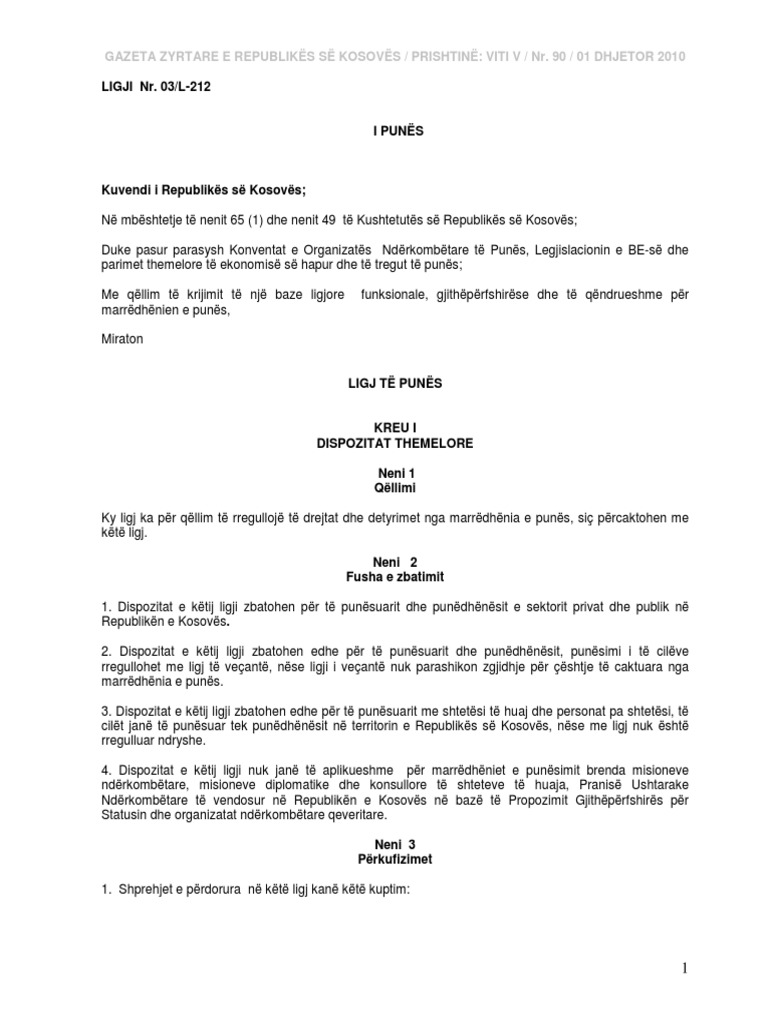 Ligji Nr. 03 L-212 I Punës | PDF