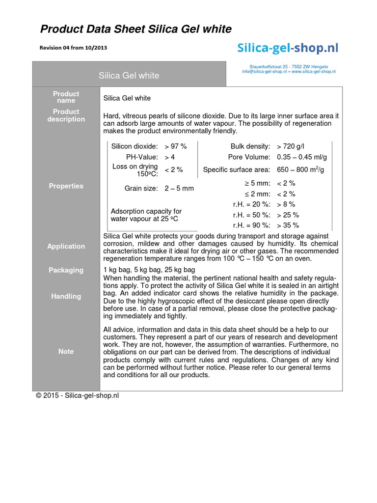 Product Data Sheet Silica Gel Wit | PDF | Silicon Dioxide | Humidity