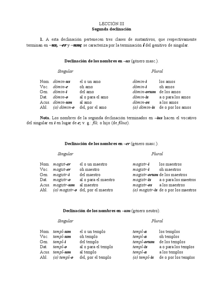Segunda Declinación en Latín: Ejemplos y Ejercicios | PDF | Sintaxis ...