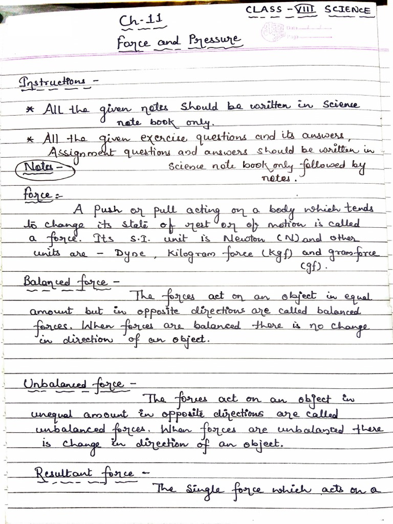 Class8 Ch.11 Notes and Assignment | PDF | Force | Pressure