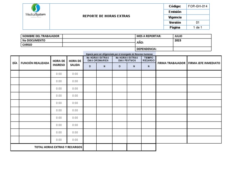 Formato de Reporte de Horas Extras 2023 | PDF