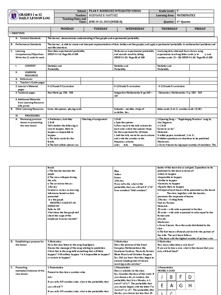 Grade 5 DLL MATH 5 Q4 Week 8 | PDF | Probability | Mathematics