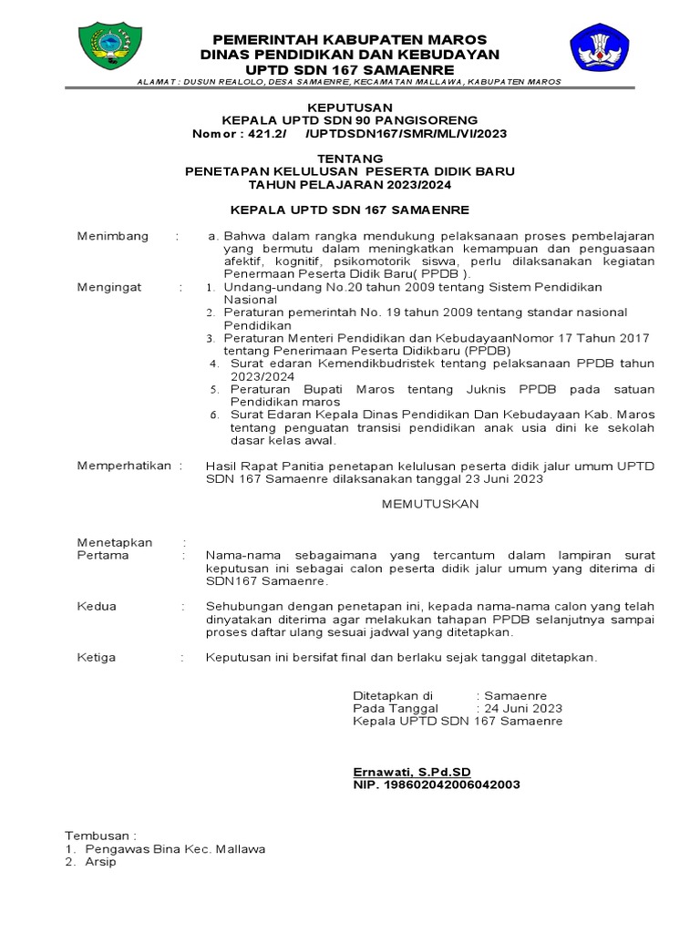 SK Penetapan PPDB 2023-2024 SDN 167 Samaenre | PDF