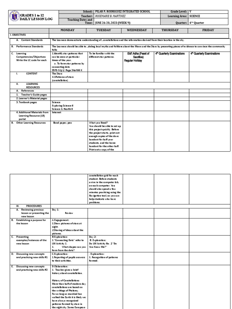 Grade 5 DLL Science 5 q4 Week 9 | PDF | Constellation | Stars