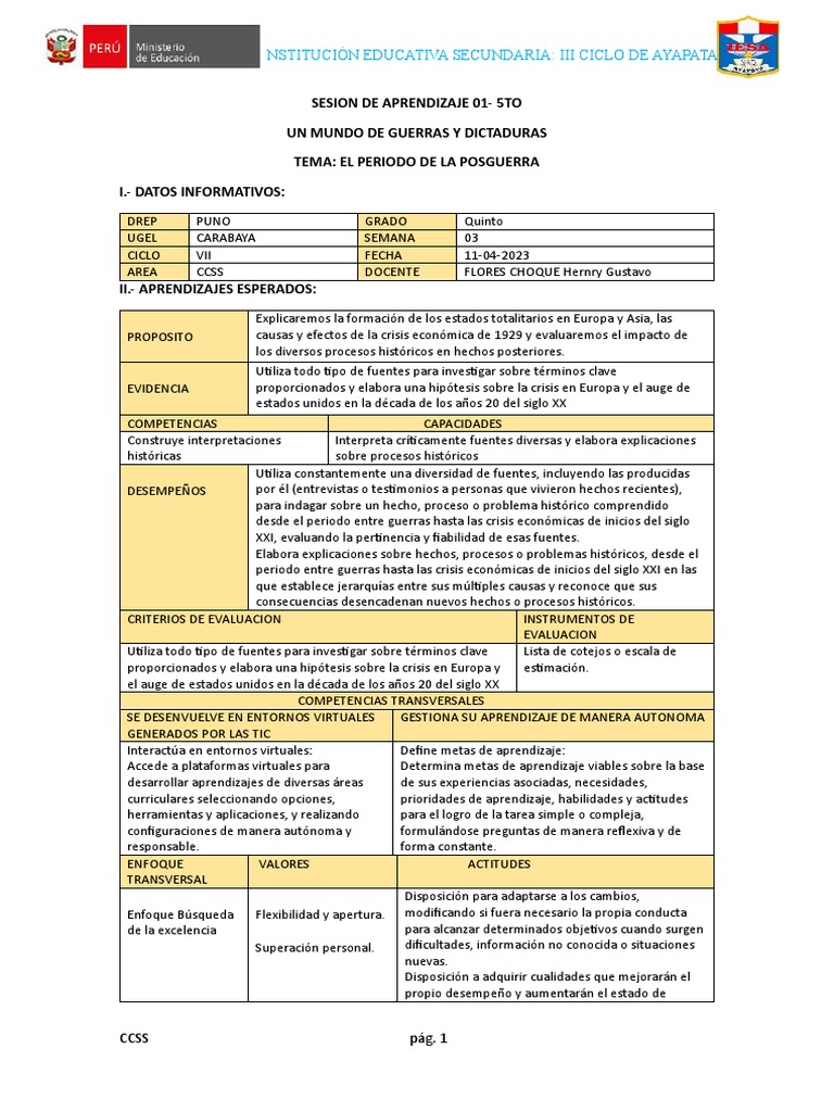 SESION APRENDIZAJE Ccss 5to | PDF | Evaluación | Aprendizaje
