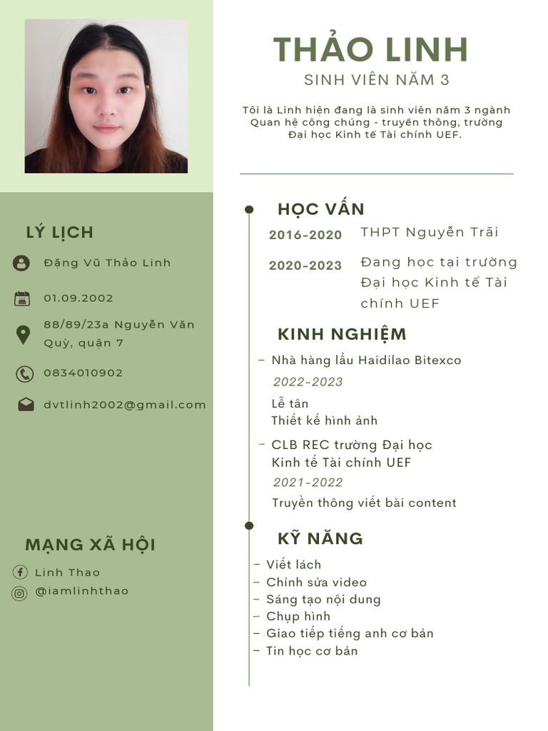 CV - Đặng Vũ Thảo Linh - Linh Thao | PDF