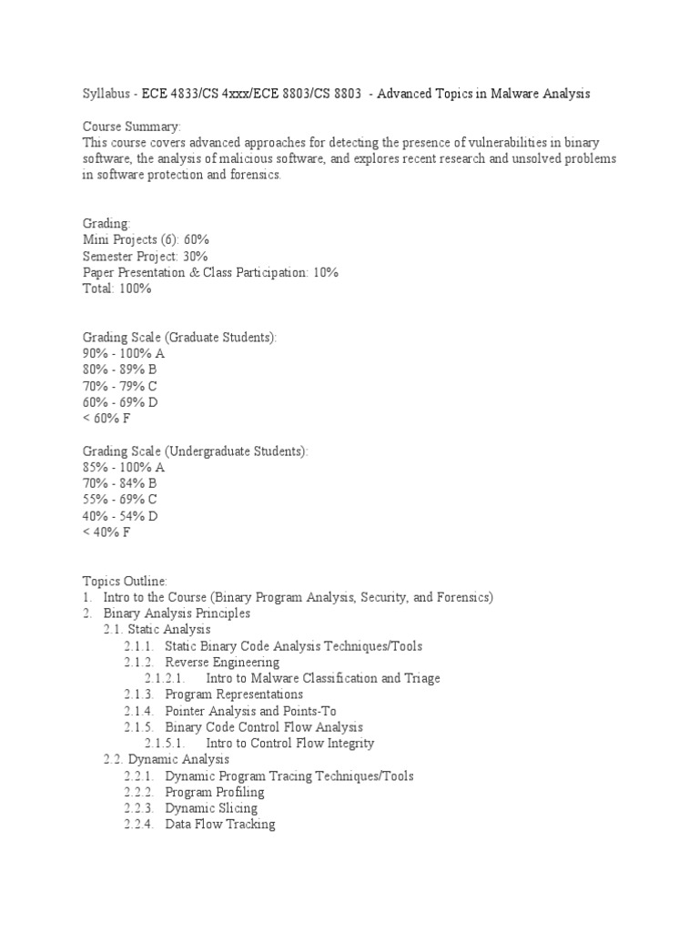 Syllabus Advanced Topics in Malware Analysis | PDF | Malware | Vulnerability (Computing)