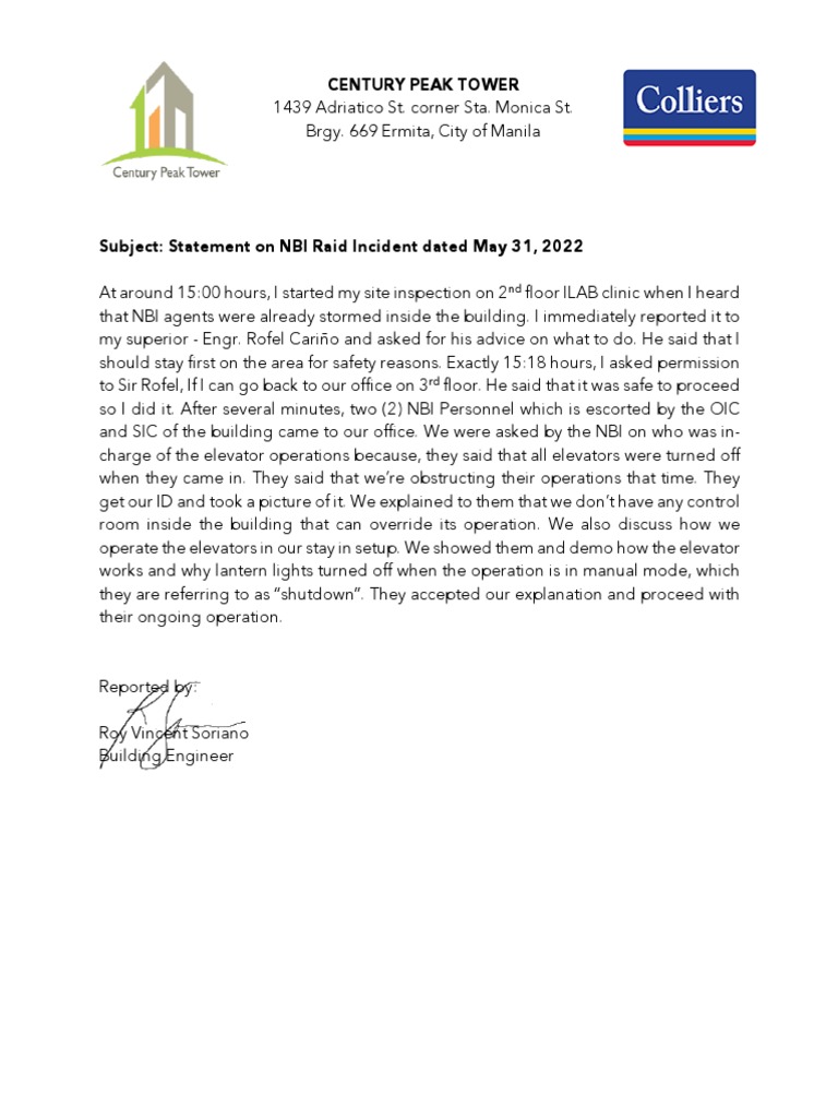 NBI Raid Incident Report at Century Peak | PDF | Social Science