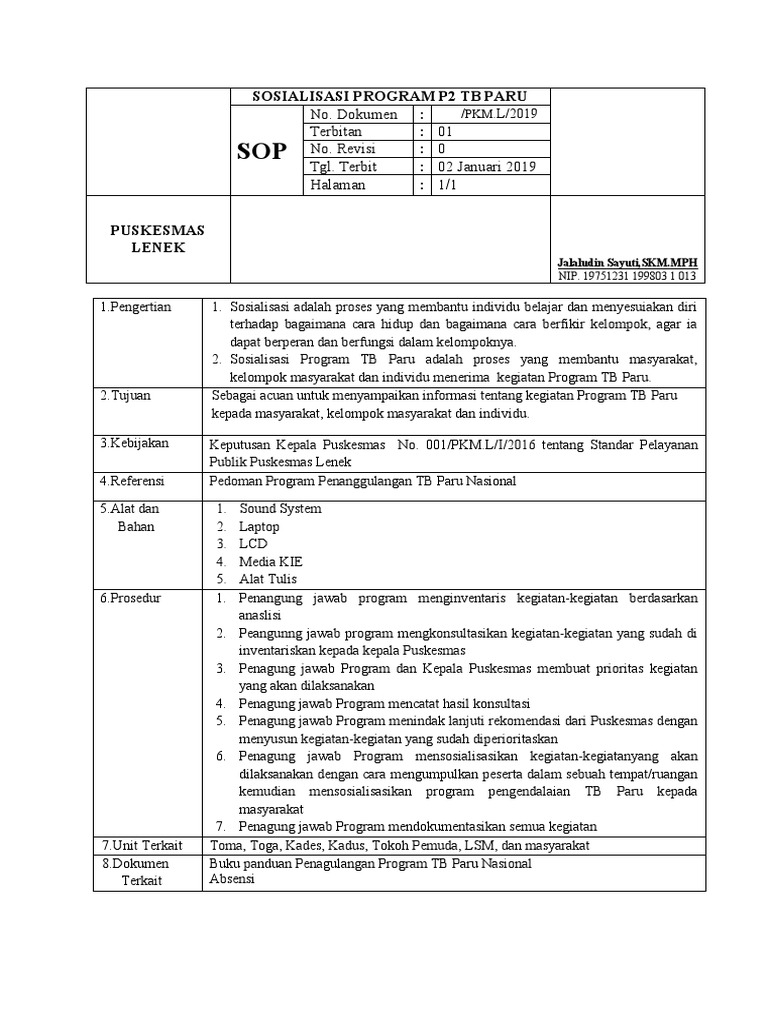 Sop TBC - Sosialisasi Program P2 TB Paru | PDF