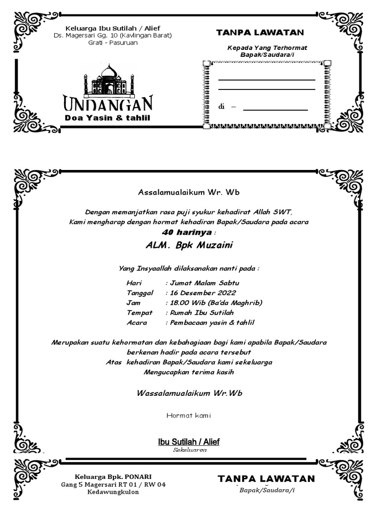 Undangan Yasin & Tahlil Alm. Muzaini | PDF