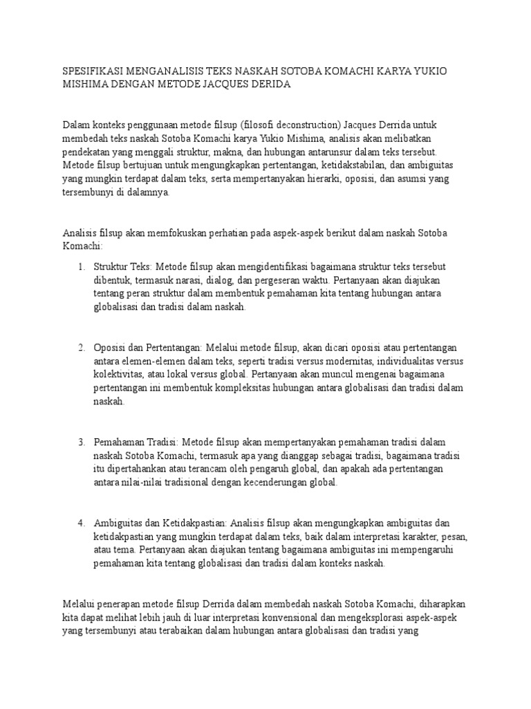 Spesifikasi Menganalisis Teks Naskah Sotoba Komachi Karya Yukio Mishima ...