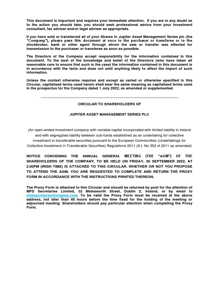 AGM Notice for Jupiter Asset Management | PDF | Proxy Voting | Quorum