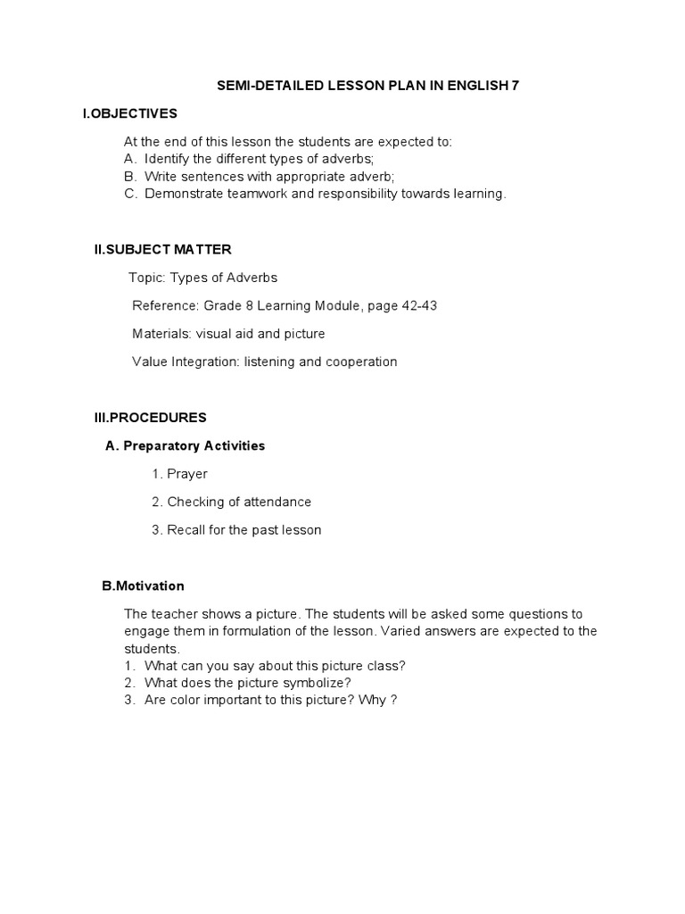 Lesson Plan - Lea | PDF | Lesson Plan | Adverb