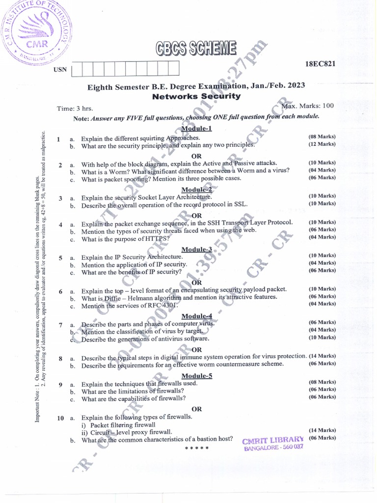 VTU Question Paper of 18EC821 Network Security Jan-Feb-2023 | PDF
