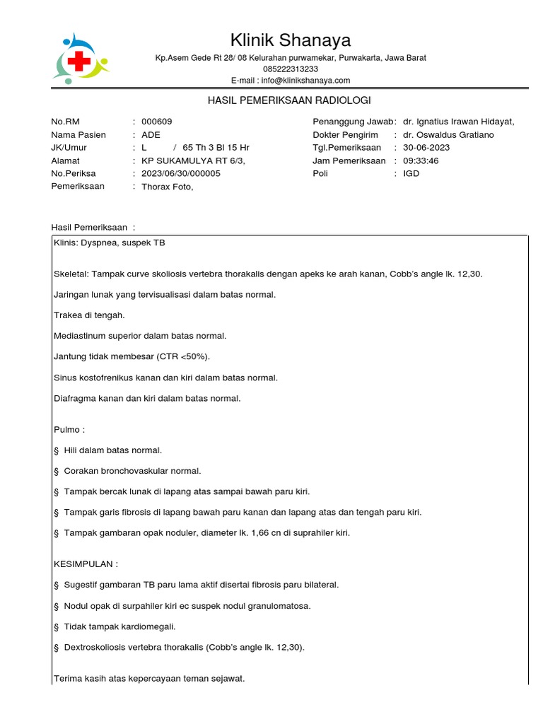 Klinik Shanaya: Hasil Pemeriksaan Radiologi | PDF