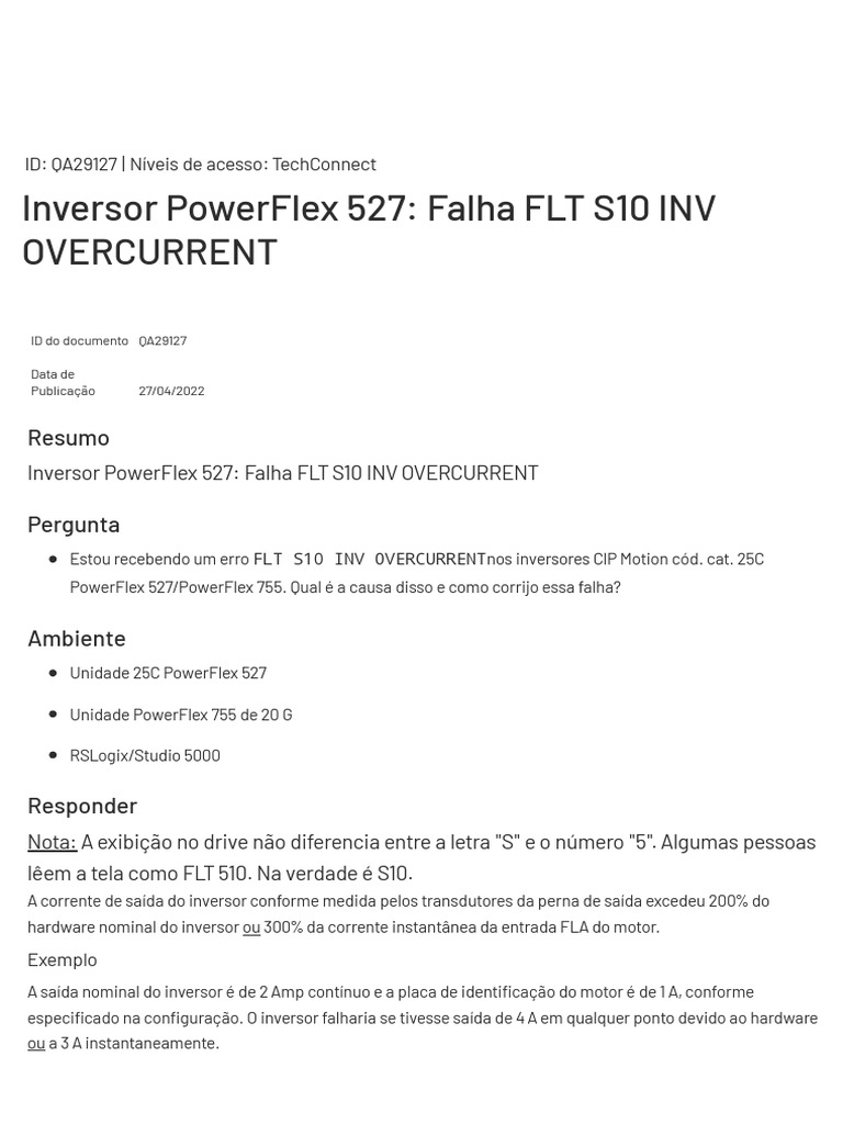 Inversor PowerFlex 527 - Falha FLT S10 INV OVERCURRENT | PDF | Comentários | Motores