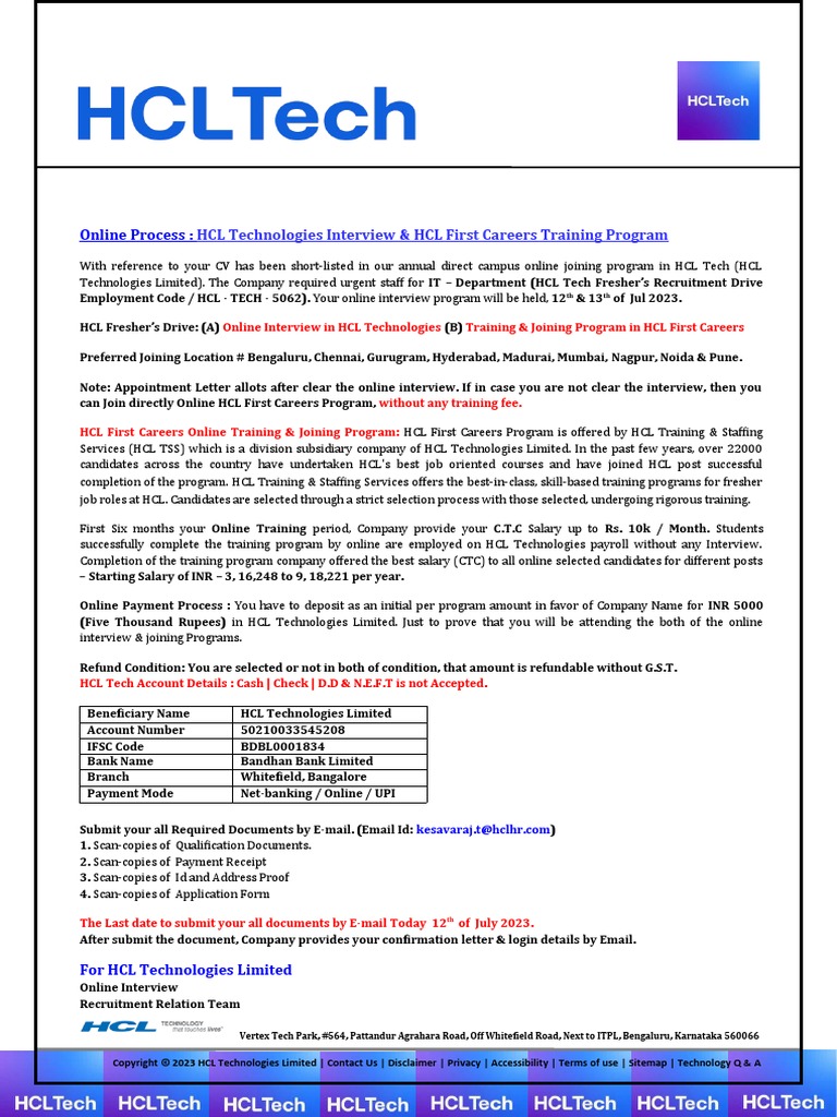 HCL Technologies Online Freshers Recruitment Drive | PDF | Information ...