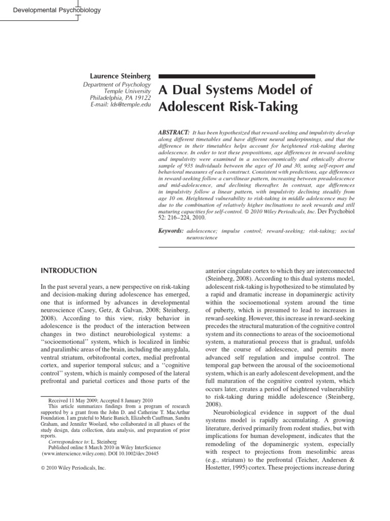 Adolescent Risk-Taking: Dual Systems Model | PDF | Wechsler Adult ...