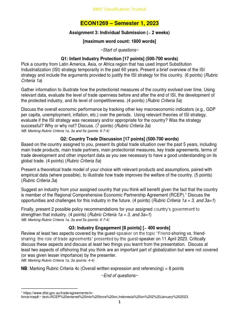 Individual Assignment 3 - Semester 1 - 2023 | PDF | Rubric (Academic) | Trade