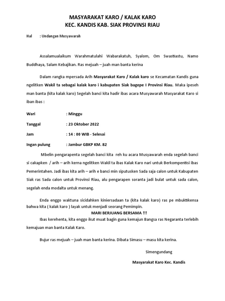 Undangan Musyawarah Kalak Karo Kandis | PDF