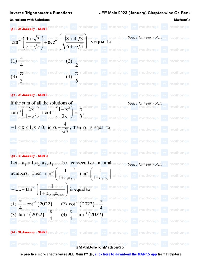 JEE Main 2023: Inverse Trigonometric Qs | PDF | Business