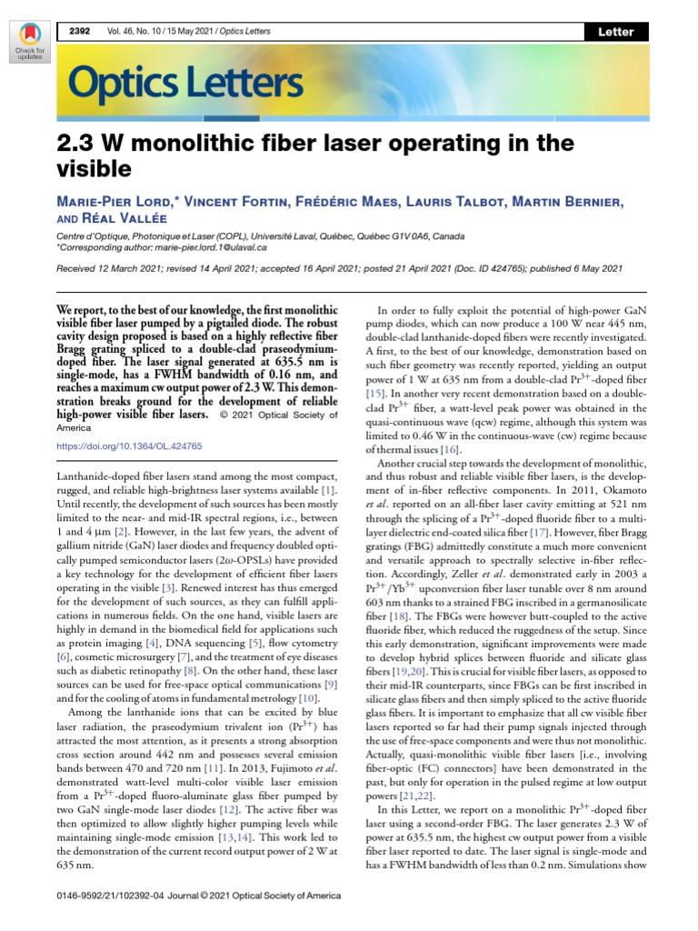 Ol 46 10 2392 | PDF | Optical Fiber | Laser