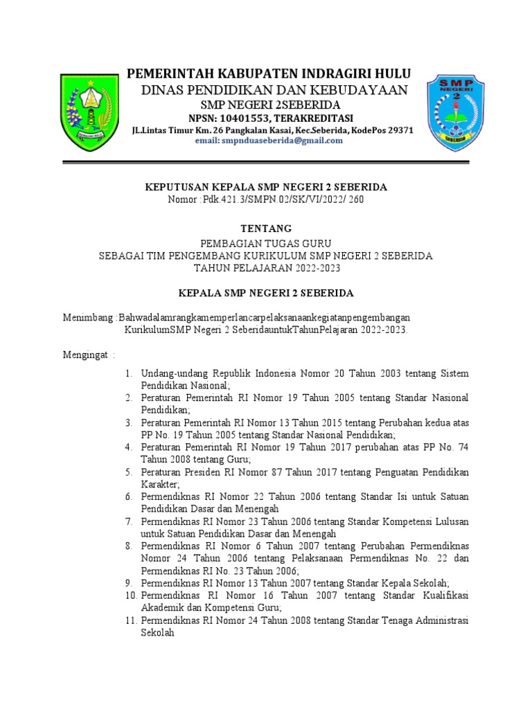 SK Tim Pengembang Kurikulum 2022-2023 | PDF