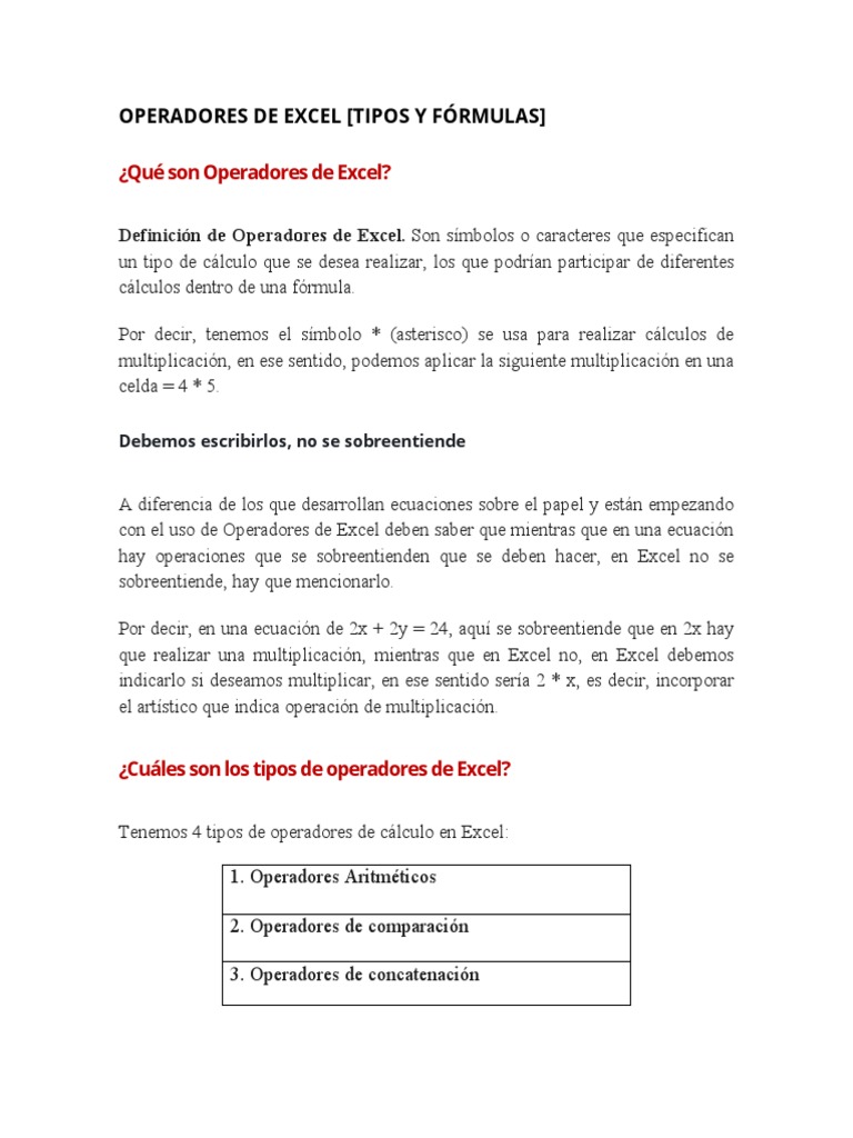 Operadores de Excel: Tipos y Uso | PDF | Multiplicación | Microsoft Excel