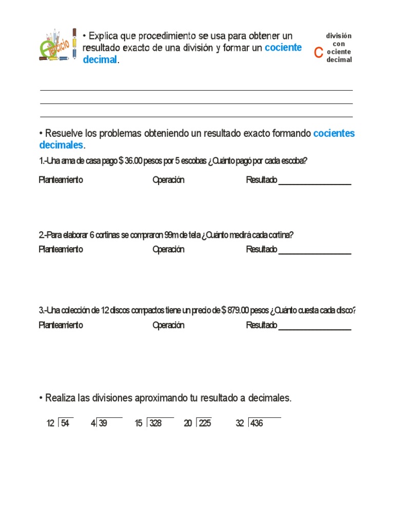 Ejercicios de Divisiones con Cociente Decimal | PDF