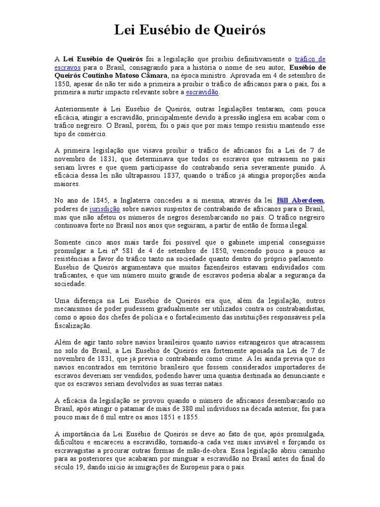 Lei Eusébio de Queirós | PDF | Comércio de escravos do Atlântico | Escravidão