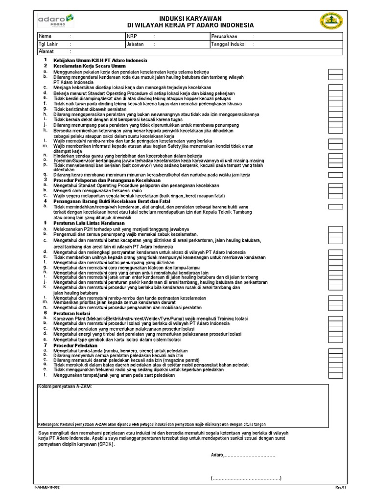 Emailing F-AI-IMS-18-002 Induksi Karyawan Di Wilayah Kerja PT Adaro Indonesia - Rev01 | PDF