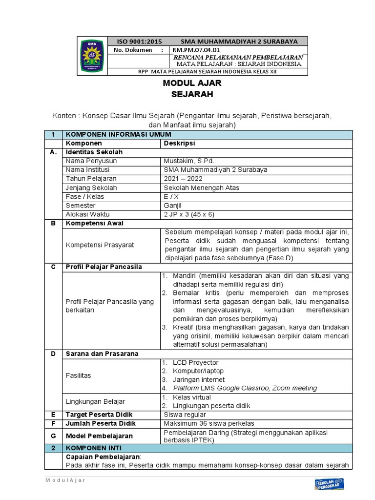 Modul Ajar Sejarah - Fase E - Sem. 1 | PDF