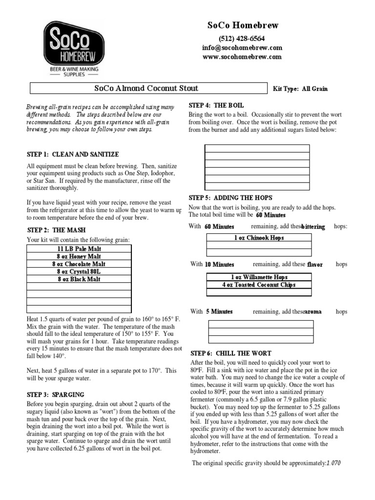 SoCo Almond Coconut Stout All Grain Recipe Instructions | PDF | Beer ...