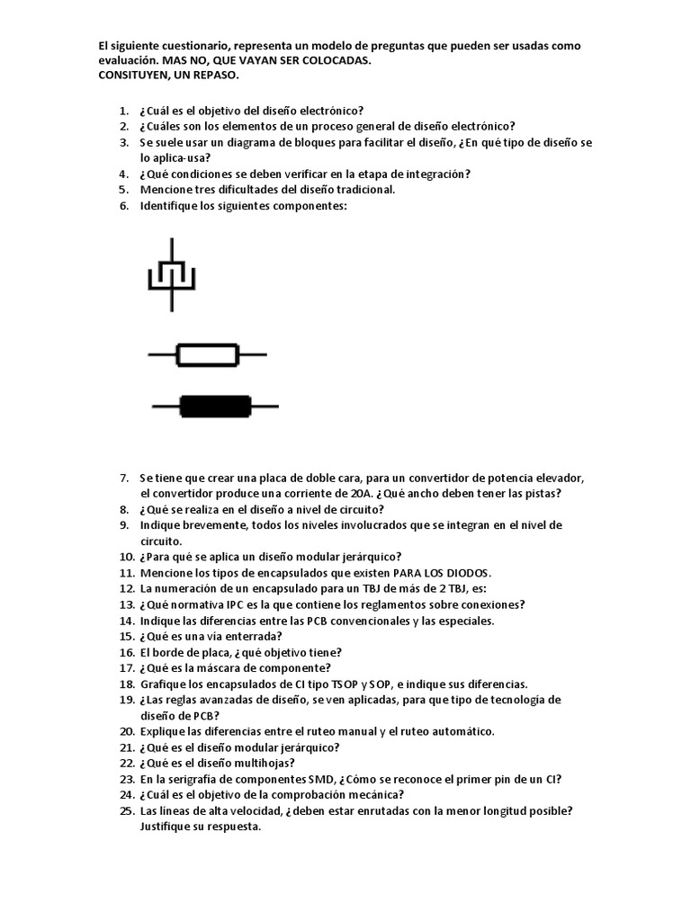 CUESTIONARIo Diseño Electronico | PDF | Placa de circuito impreso | Ingeniería Informática