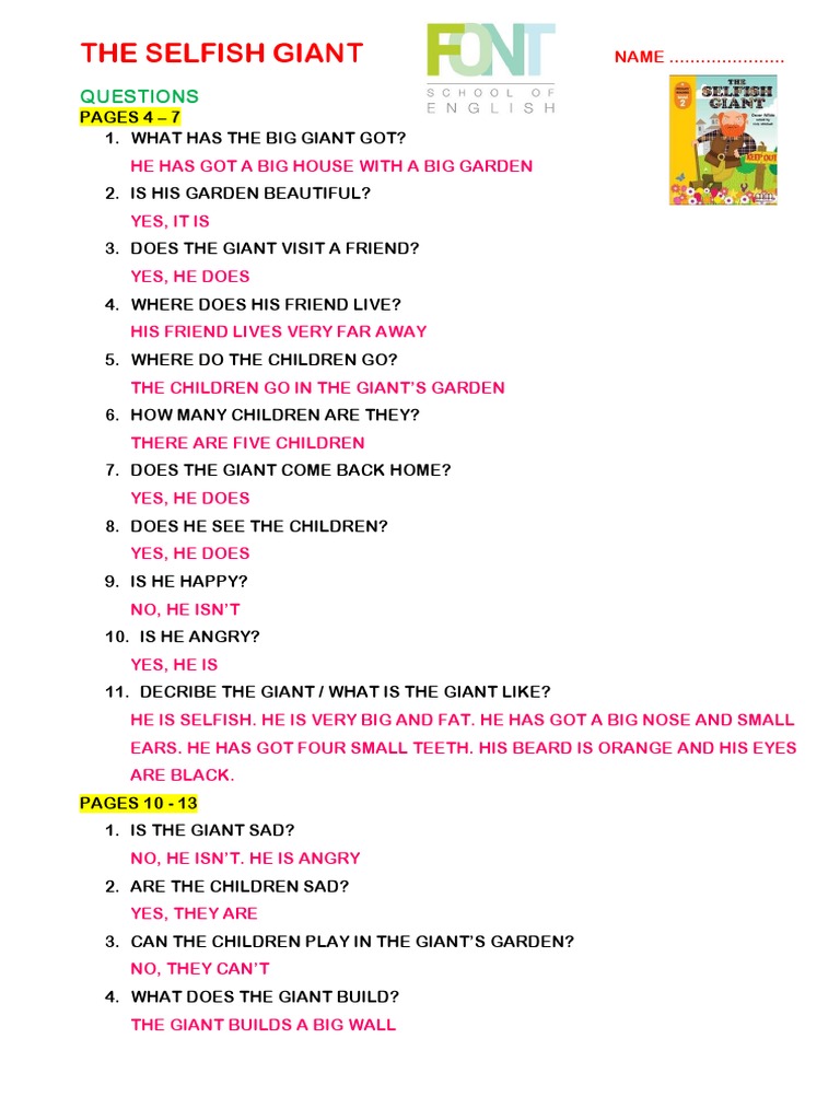 The Selfish Giant - Questions Key | PDF | The Happy Prince And Other Tales